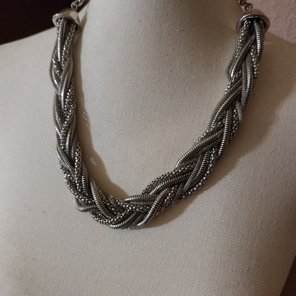 Heavy Silver Braided Necklace - Gem
